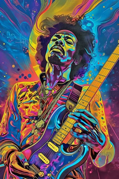 무료 사진 지미 헨드릭스 Jimi Hendrix 가 사이키델릭 팝 아트 스타일로 기타를 연주하는 화려한 추상 포스터