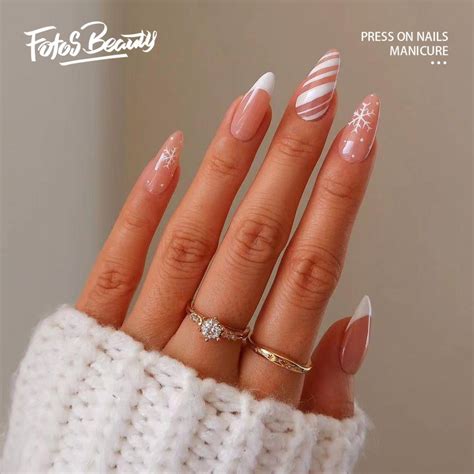 Fofosbeauty 24 Pcs Almond Fake Nails Tips Medium Press On French Nails Christmas French Snow