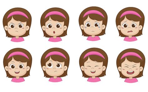 감정 귀여운 여자의 설정 화가 놀 울 어 공포 미소 생각 웃음 소리 귀여운에 대한 스톡 벡터 아트 및 기타 이미지 귀여운