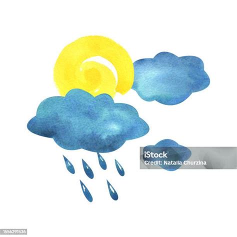 Ilustración De Nubes Azules Con Gotas De Lluvia Y Sol Amarillo