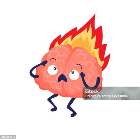 뇌 스트레스 캐릭터 얼굴만화 강렬한 불타는 두뇌 내부 인간 장기 흰색 배경에 격리된 스톡 벡터 그림입니다 Drug에 대한 스톡 벡터 아트 및 기타 이미지 Istock
