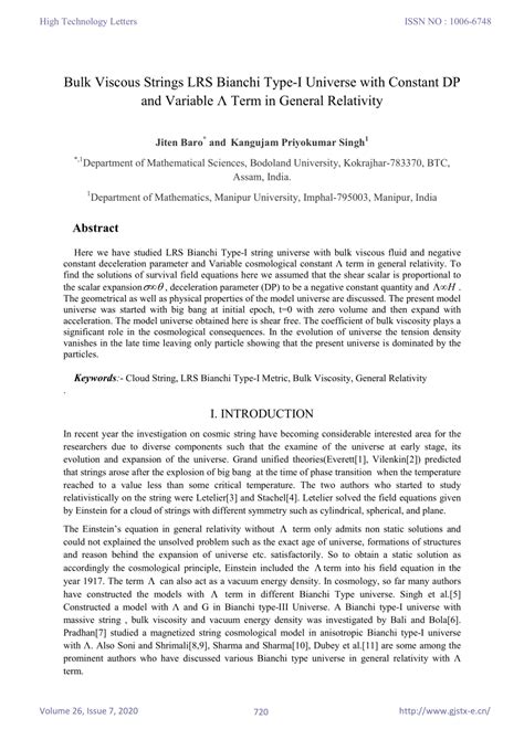 Pdf Bulk Viscous Strings Lrs Bianchi Type I Universe With Constant Dp And Variable Λ Term In