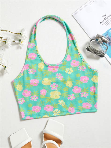Shein Wywh 90s Floral Print Backless Rib Knit Halter Crop Top Shein Usa