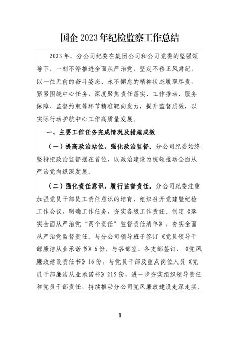 国企2023年纪检监察工作总结 党务党建 公文易网