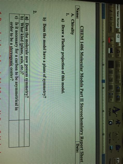 Solved New Roman 12 Chem 1406 Molecular Models Part Ii