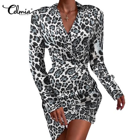 Celmia Womens Long Sleeve Lapel V Neck Leopard Print Elegant Casual