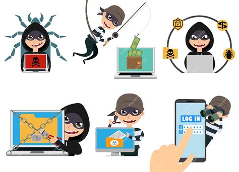 Premium Vector Cyber Security Hacker Vector Character Set Thief Hacking Computer Stealing