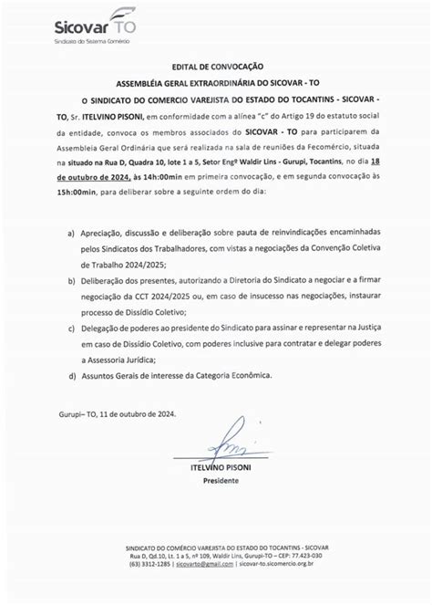 Edital De ConvocaÇÃo Assembleia Geral Extraordinária Do Sincovar T0