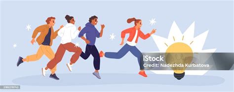 아이디어를 쫓는 젊은 기업가 빛나는 전구를 위해 달리는 사람들 작업자는 신선한 아이디어를 찾습니다 스타트업 혁신 기업인들 경쟁 리더는 경주합니다 화려한 벡터 개념 개념에