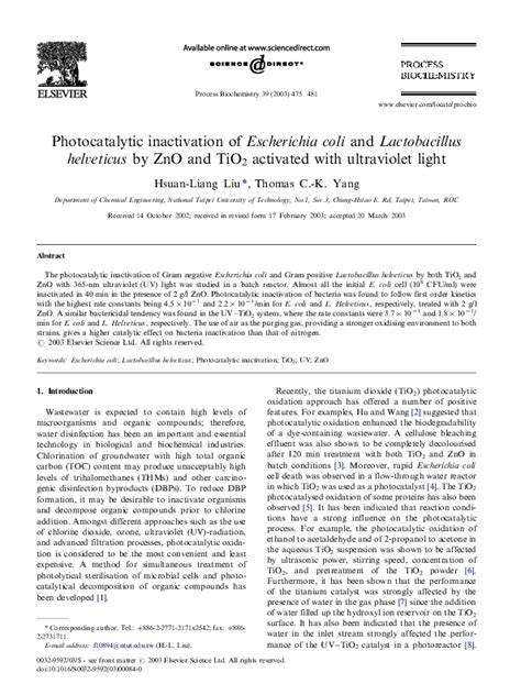 Pdf Photocatalytic Inactivation Of Escherichia Coli Aqueous