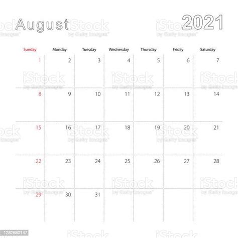 점선과 2021 년 8 월 간단한 벽 달력 달력은 영어로 일요일부터 시작되는 주입니다 0명에 대한 스톡 벡터 아트 및 기타
