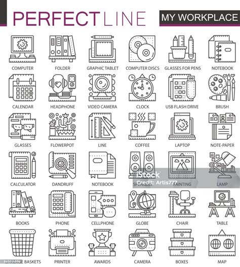 사무실 작업 영역 개요 미니 개념 기호입니다 현대 선 선형 스타일 그림을 설정합니다 내 직장 완벽 한 얇은 라인 아이콘입니다