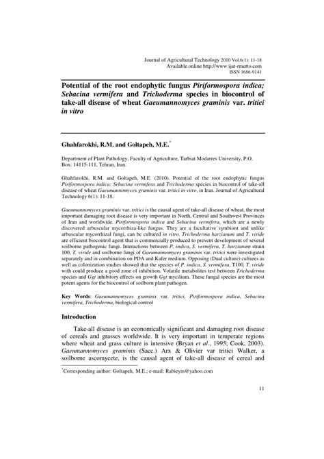 Pdf Ghahfarokhi Rm Goltapeh Me 2010 Potential Of The Root Endophytic Fungus Piriformospora