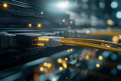 Close Up Of Network Cables Connected To Server With Glowing Lights In A Data Center Environment