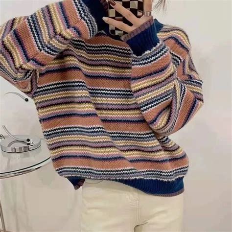 Christmas T Striped Sweater Women Long Sleeve Jumpers Knit Knitted
