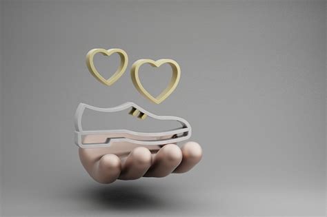 아름다운 추상적 인 삽화 회색 배경에 심장 기호 아이콘이있는 골든 핸드 홀딩 신발 3d 렌더링 그림 디자인의 배경 패턴 결혼식 날 3차원 형태에 대한 스톡 사진 및 기타