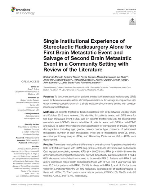 Pdf Single Institutional Experience Of Stereotactic Radiosurgery Alone For First Brain