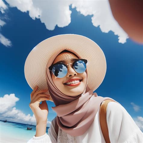 A Woman Wearing A Straw Hat And Sunglasses Is Posing For A Photo