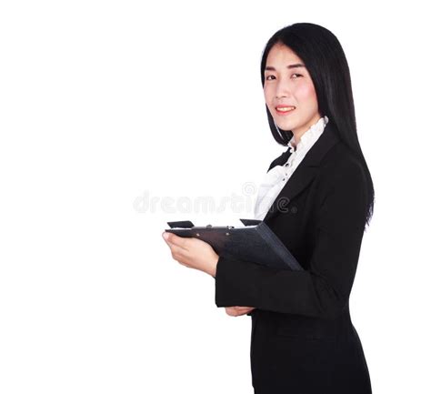 Smiling Business Woman In Suit Holding A Clipboard Isolated On W Stock