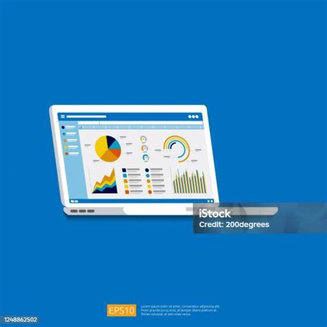 랩톱 화면 아이콘의 웹 통계 분석 차트입니다 평면 벡터 인포그래픽 동향 그래프 정보 보고서 개념 기획 및 회계 분석 감사 관리 마케팅 일러스트 0명에 대한 스톡 벡터 아트