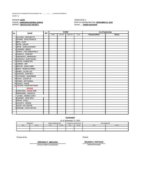 Numeracy Test Scoresheet Gcs Grade I Cherryblossom Pdf