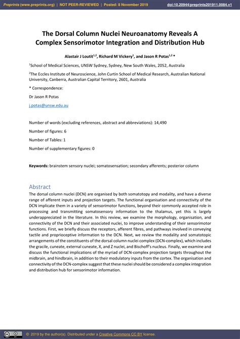 Pdf The Dorsal Column Nuclei Neuroanatomy Reveals A Complex Sensorimotor Integration And