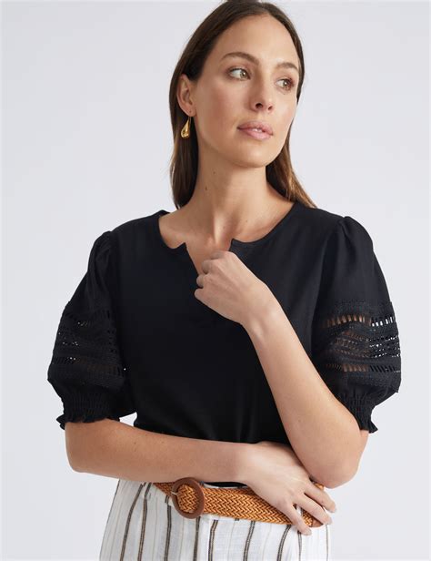 Katies Short Sleeve Lace Trim Linen Blend Top Rivers Australia