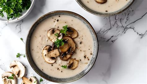 Mushroom Cream Soup Vegan Food Dietary Menu Top View Flat Lay
