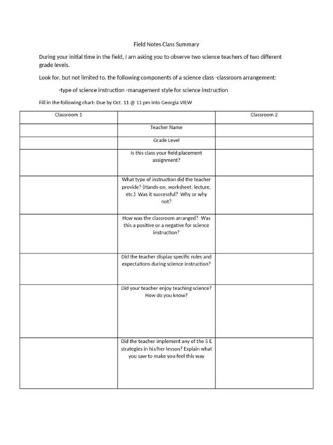 Field Notes Class Summary Template Pdf