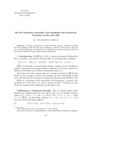 Pdf On The Univalent Bounded Non Vanishing And Symmetric Functions