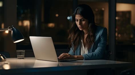 Premium Ai Image Woman Working On Laptop In Office Room