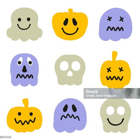 행복한 할로윈 다채로운 만화 캐릭터 클립 아트 컬렉션 티셔츠 스티커 포스터 카드에 적합합니다 장식 및 디자인을위한 낙서 격리 벡터 일러스트레이션 10월에 대한 스톡 벡터