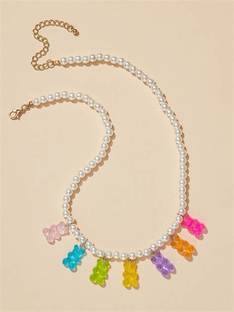 Bear Charm Faux Pearl Beaded Necklace Beaded Necklace Beaded Jewelry