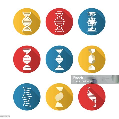 Dna 나선형 평면 디자인 긴 그림자 문 고 아이콘 세트 데옥시리보핵 핵산 나선 나선형 가닥 염색체 분자 생물학 유전 코드