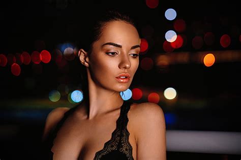 Night Lights Glare Model Portrait Makeup Hairstyle Beauty In