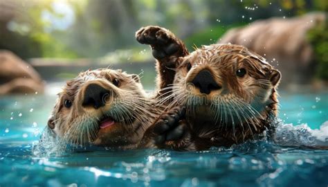 Sea Otters Playing In The Water Adorable Marine Mammals Coastal