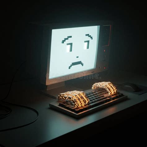 Retro Style Computer Monitor Displaying A Pixelated Sad Face Keyboard Features Stock