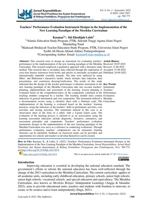 Pdf Teachers Performance Evaluation Instrument Designs In The Implementation Of The New