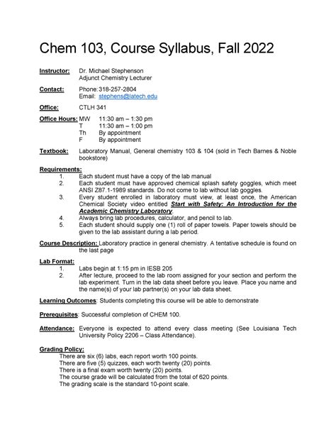 Stephenson CHEM Fall Syllabus Chem Course Syllabus Fall Instructor Dr