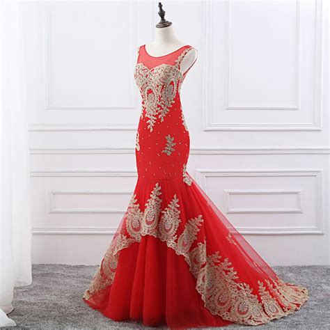Red And Gold Lace Mermaid Wedding Dresses Long Evening Dresses Etsy