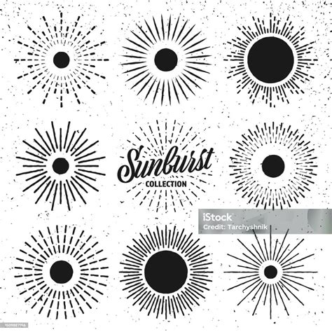 빈티지 그런지 햇살 일몰 광선 손으로 파열되는 태양 광선을 그렸습니다 복고풍 스타일의 로고 타입 또는 레터링 디자인 요소 벡터 그림 그리기에 대한 스톡 벡터 아트 및 기타