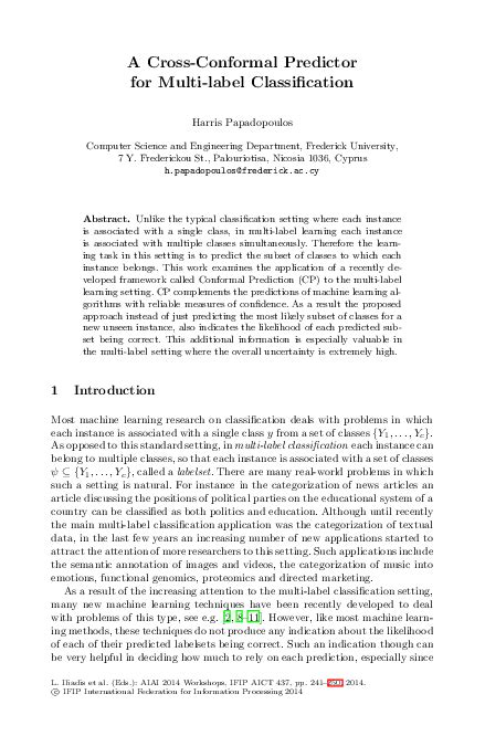 pdf a cross conformal predictor for multi label classification