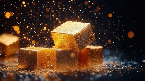 Golden Glittering Cubes With Sparkling Particles In Dark Background Stock Image Image Of