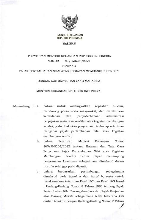Peraturan Menteri Keuangan No 61pmk032022 Tahun 2022 Tentang Pajak