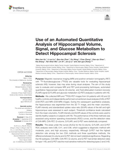 Pdf Use Of An Automated Quantitative Analysis Of Hippocampal Volume Signal And Glucose