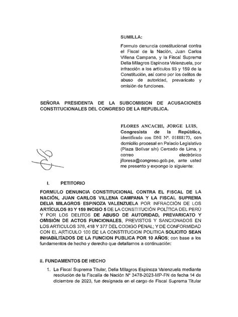 Denuncia Constitucional De Jorge Flores Contra Fiscales Juan Villena Y