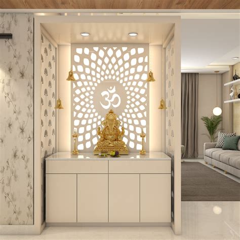 Compact White Pooja Room Design With Patterned Jali Livspace