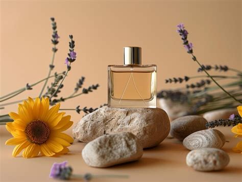 Elegant Glass Perfumes On Rocks With Wood Premium AI Generated Image