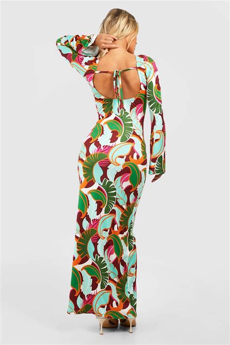 Tropical Print Flare Sleeve Maxi Dress Boohoo