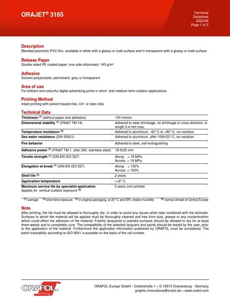 Orajet 3165 Technical Data Sheet En Pdf Paper Adhesive